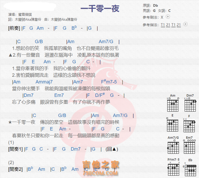 蜜雪薇琪《一千零一夜》吉他谱分享 Sheep吉他网免费下载